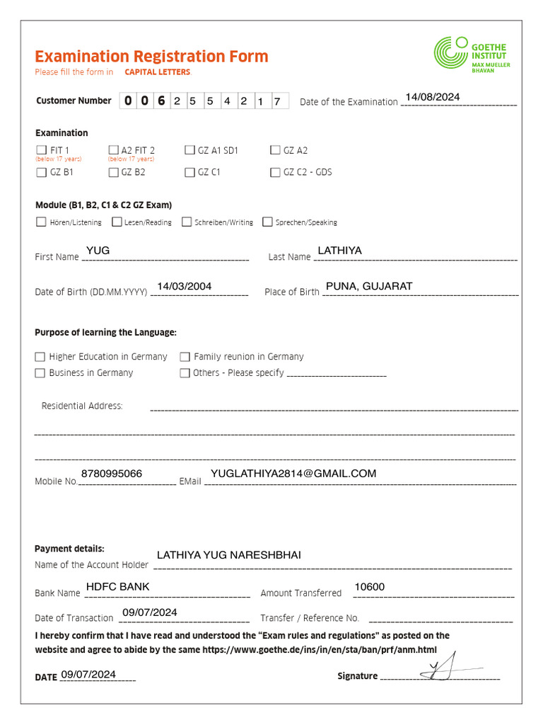 Examination Form - 2024 | PDF