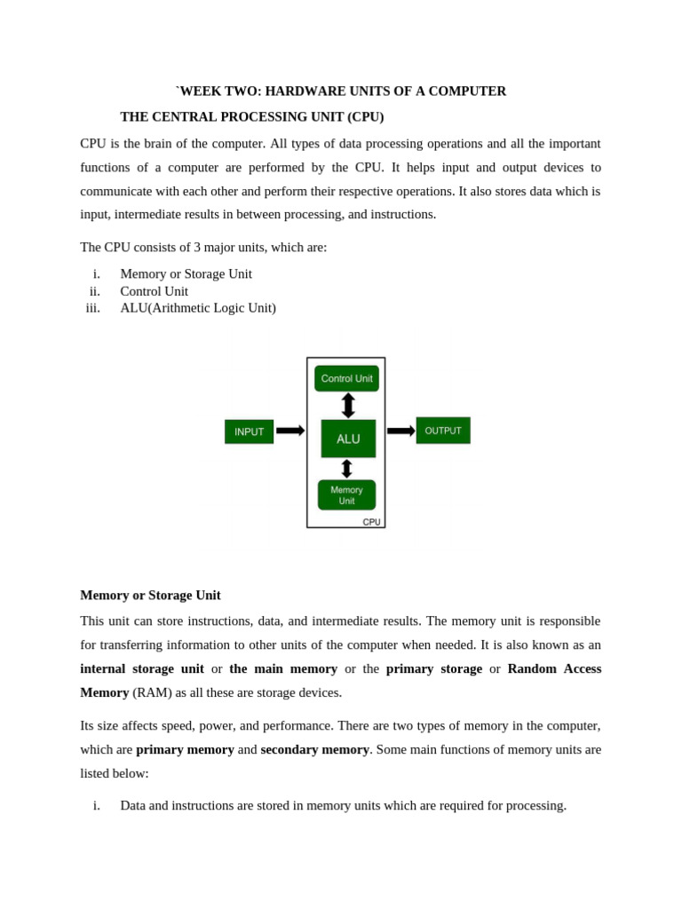 WEEK TWO_HARDWARE UNITS OF A COMPUTER | PDF