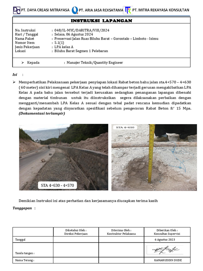 Instruksi Perbaikan LPA Kelas A Seg.1 Biluhu Barat | PDF