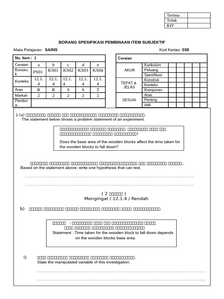 BORANG - SPESIFIKASI - PEMBINAAN Template BHGN C | PDF