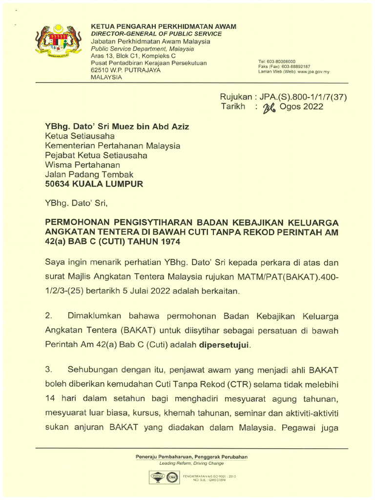 Surat JPA-MINDEF - Bakat 26082022 | PDF