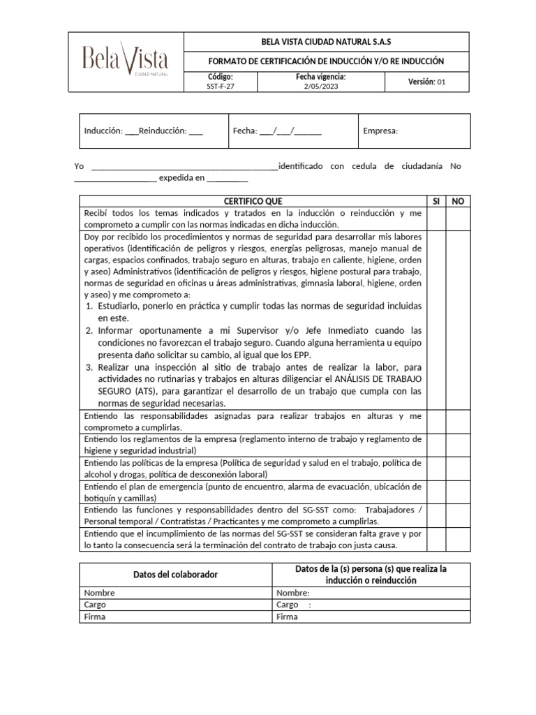Anexo 69. Formato Induccion y o Reinduccion | PDF