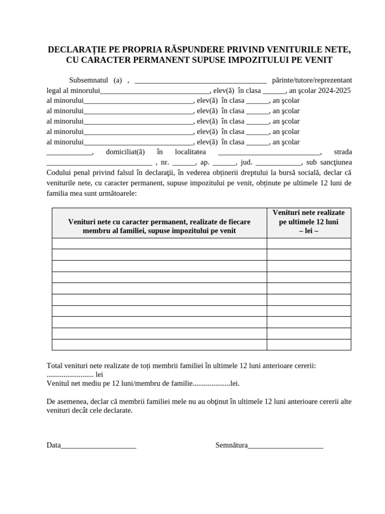F-10-PO-C.56 Model Declaratie Pe Propria Raspundere Privind Veniturile Nete Elev Minor | PDF