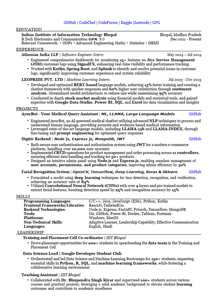 Software Engineer Intern: Github Codechef Codeforces Kaggle Leetcode GFG | PDF