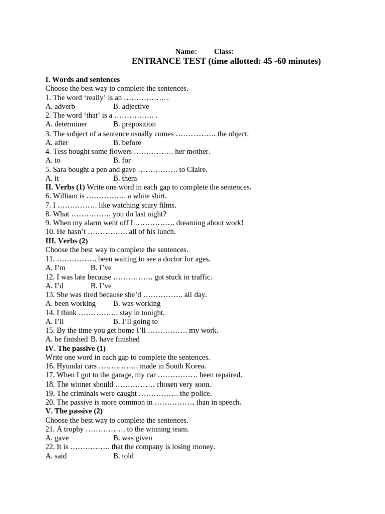 Entrance Test | PDF | Adverb | Home & Garden