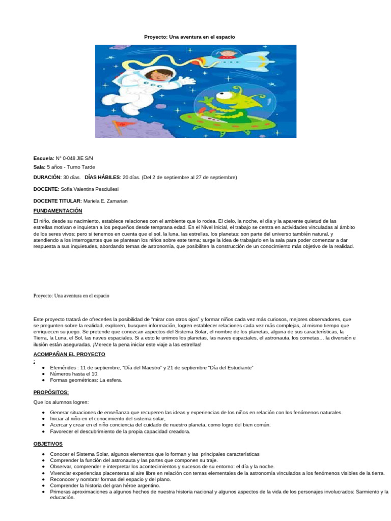 Proyecto Un Viaje Al Espacio Secuencia | PDF