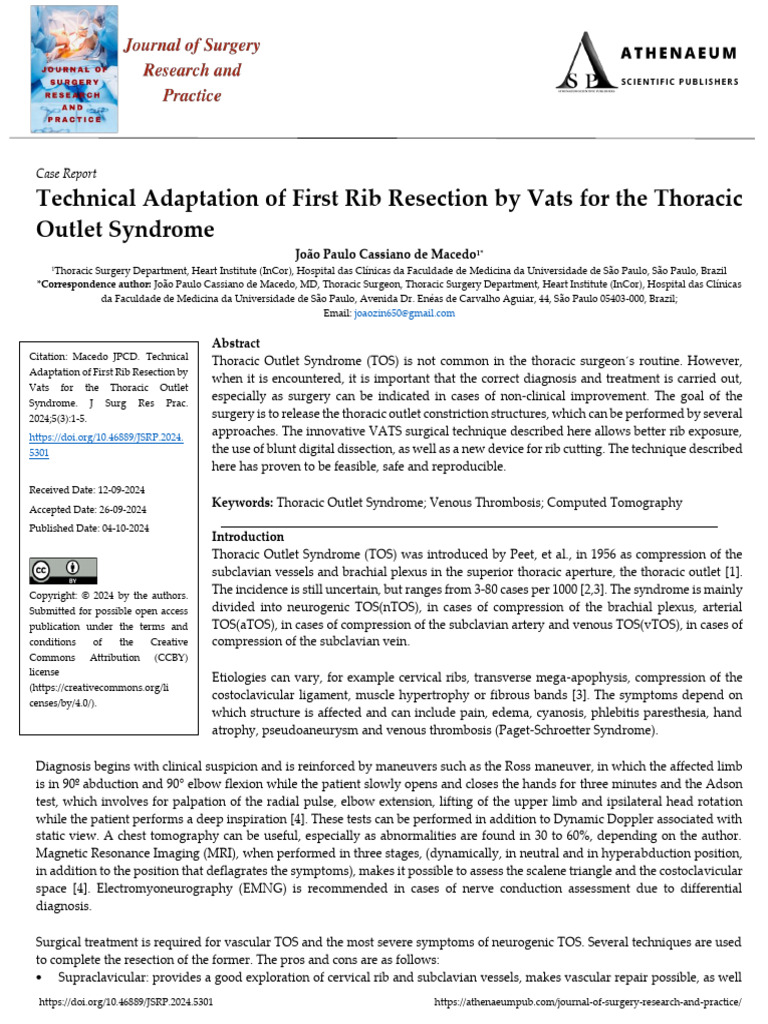 Technical Adaptation of First Rib Resection by Vats For The Thoracic ...