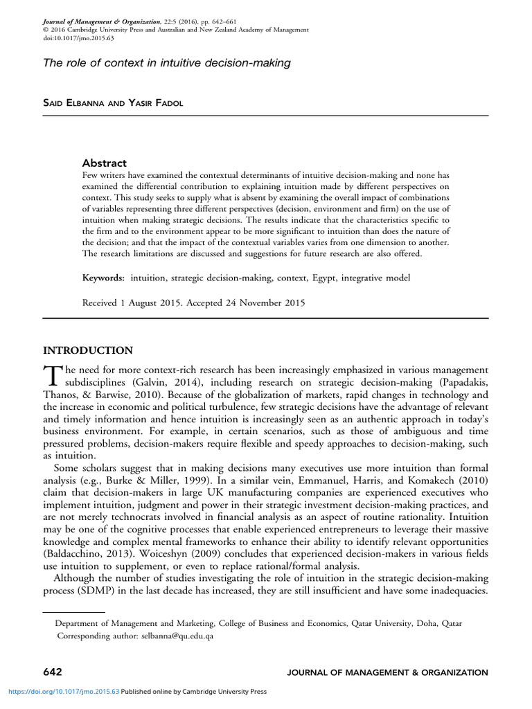 The Role of Context in Intuitive Decision Making | PDF | Decision Making | Intuition