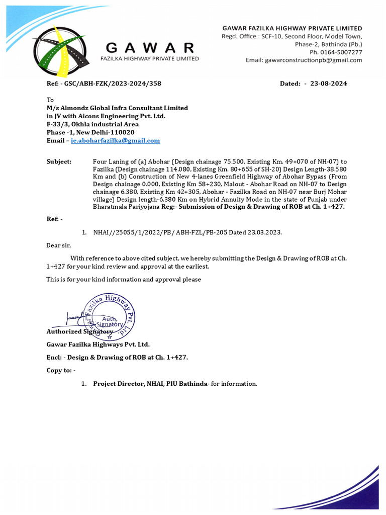 Letter No. 358 Reg - Submission of Design & Drawing of ROB at Ch. 1+427 ...