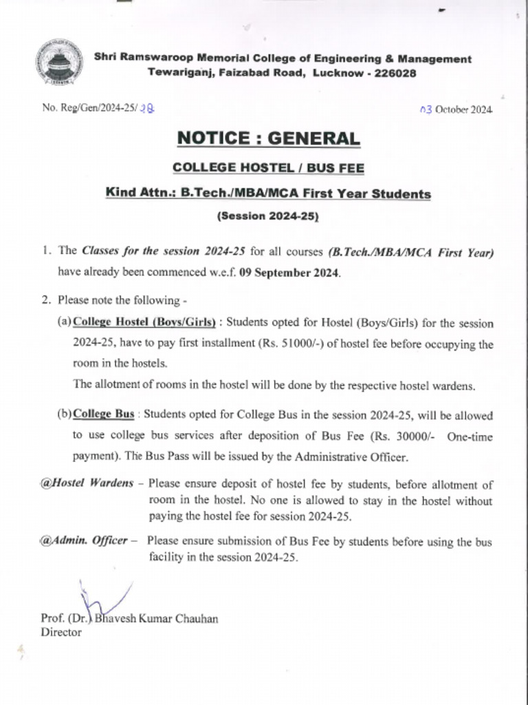 Notice Fee - Bus and Hostel (First Year Students) 2024-25 | PDF
