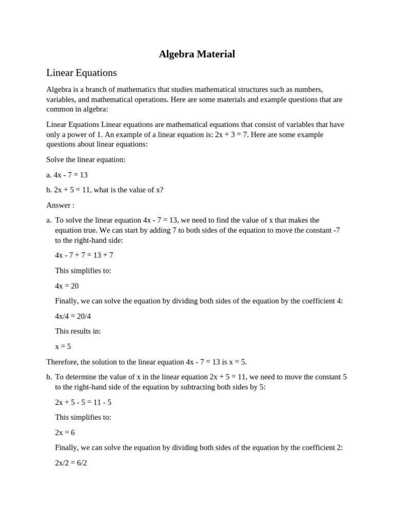 Mathematics Algebra Material Linear Equations | PDF