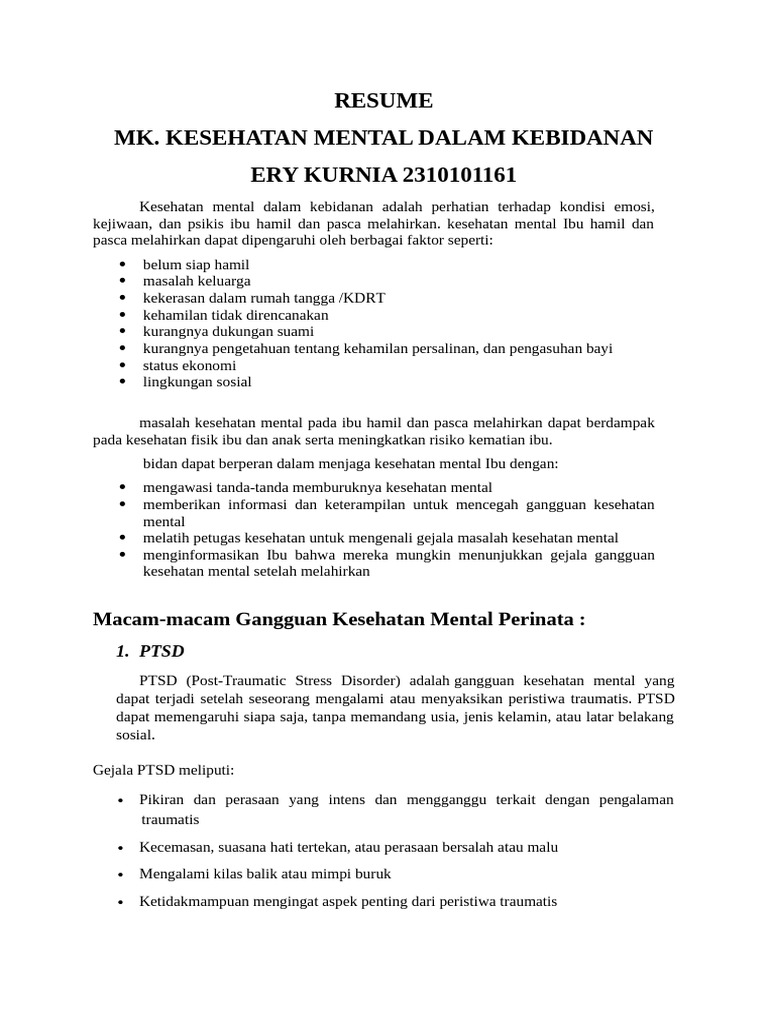 ERY KURNIA 2310101161 RESUME Materi Kes Mental Pada Masa Perinatal | PDF