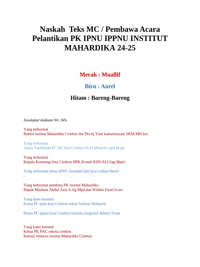 Teks MC Pelantikan PKPT Mahardika Fix Banget | PDF