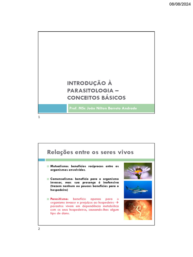 Aula 01 Parasitologia Conceitos bÃ¡sicos | PDF