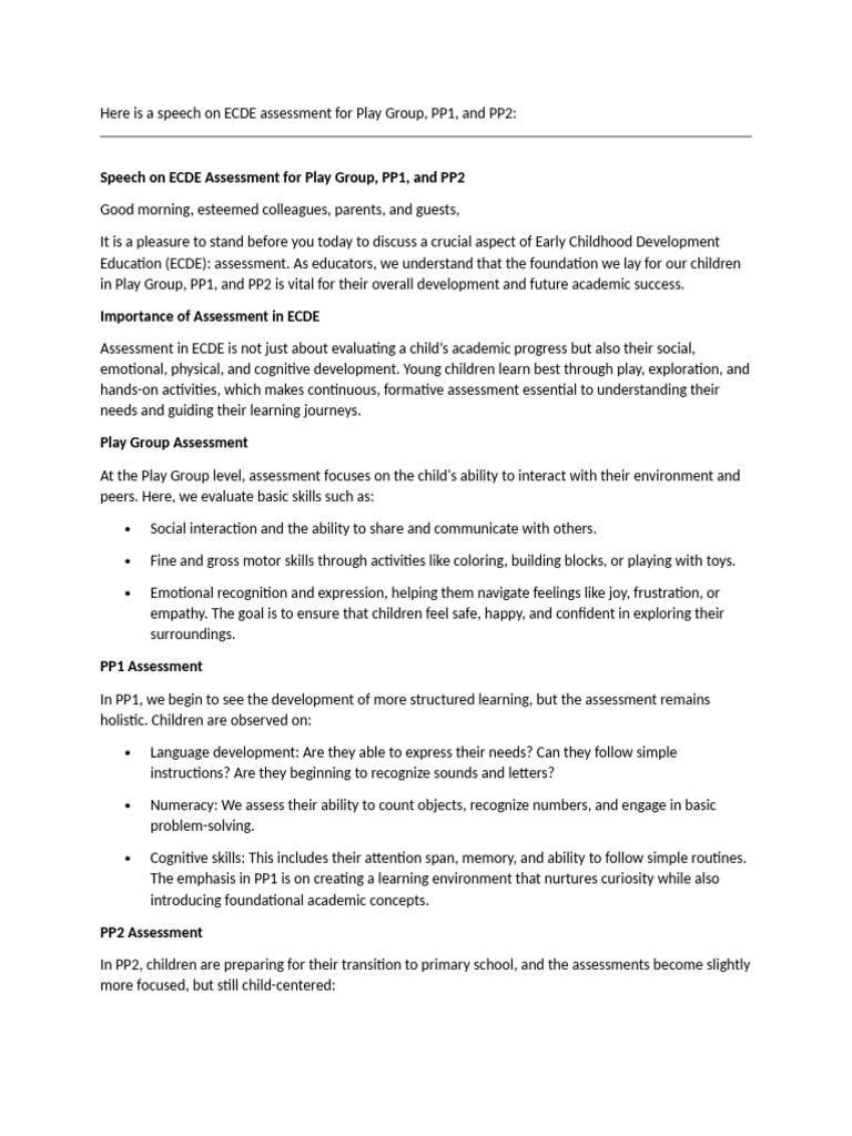 Here Is A Speech On ECDE Assessment For Play Group | PDF