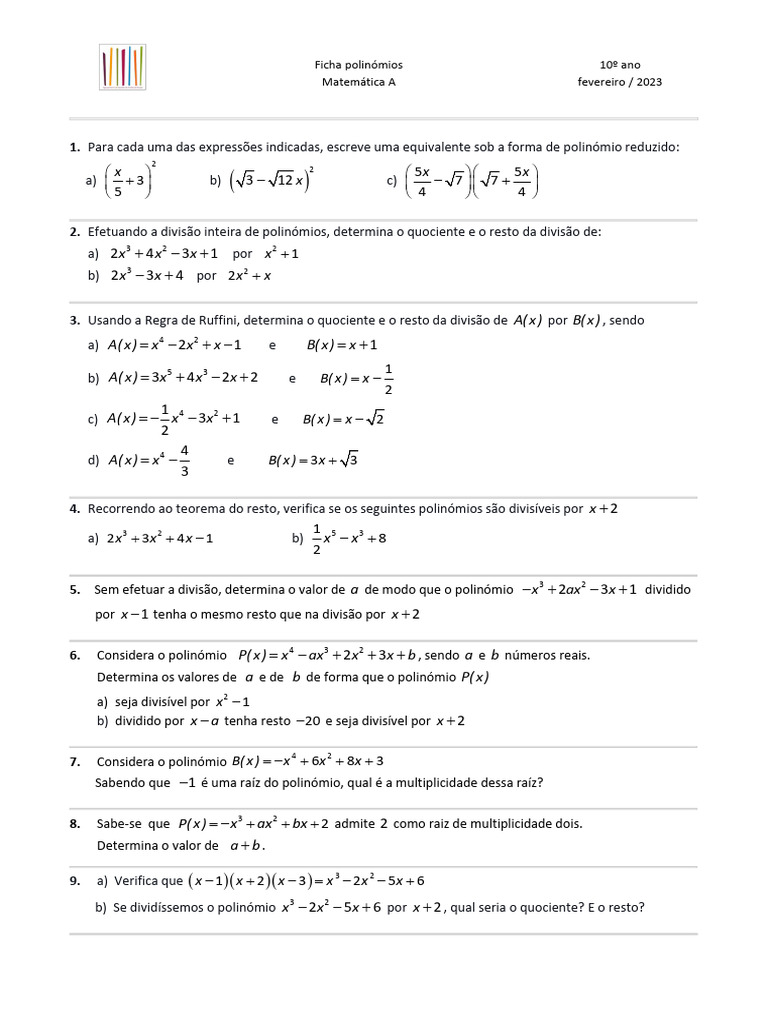 Ficha polinómios - 10ºano - fev 2023 | PDF