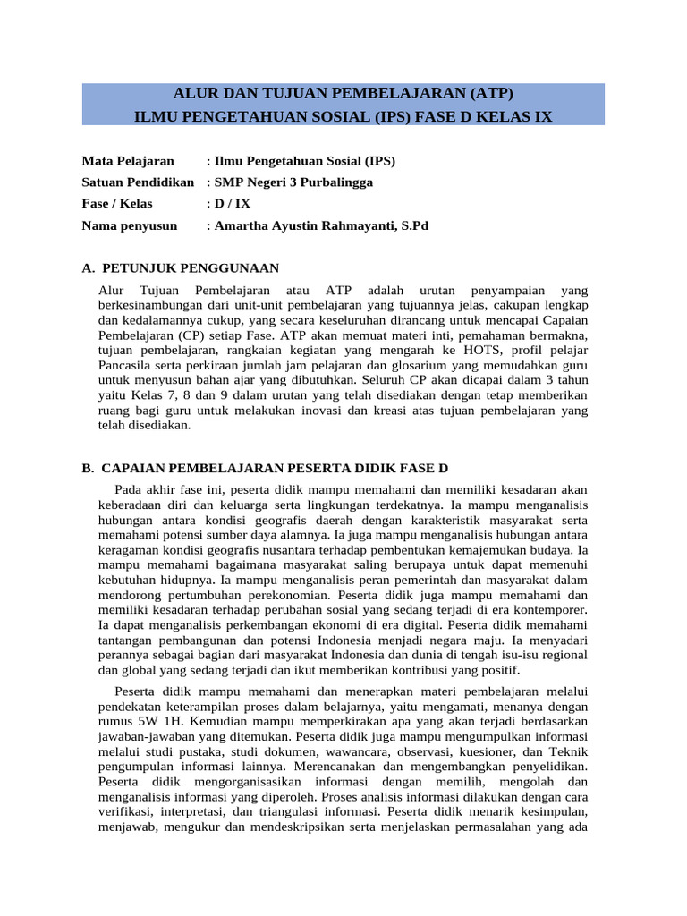 Alur Tujuan Pembelajaran (ATP) IPS | PDF