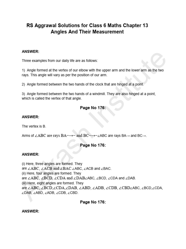 Aakash Institute: RS Aggrawal Solutions For Class 6 Maths Chapter 13 Angles and Their ...