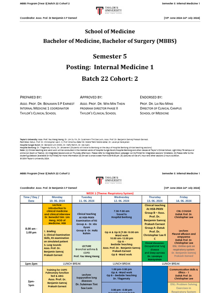 Sem 5 Internal Medicine 1 B-22 Cohort 2 Timetable (Revision 2.0) | PDF