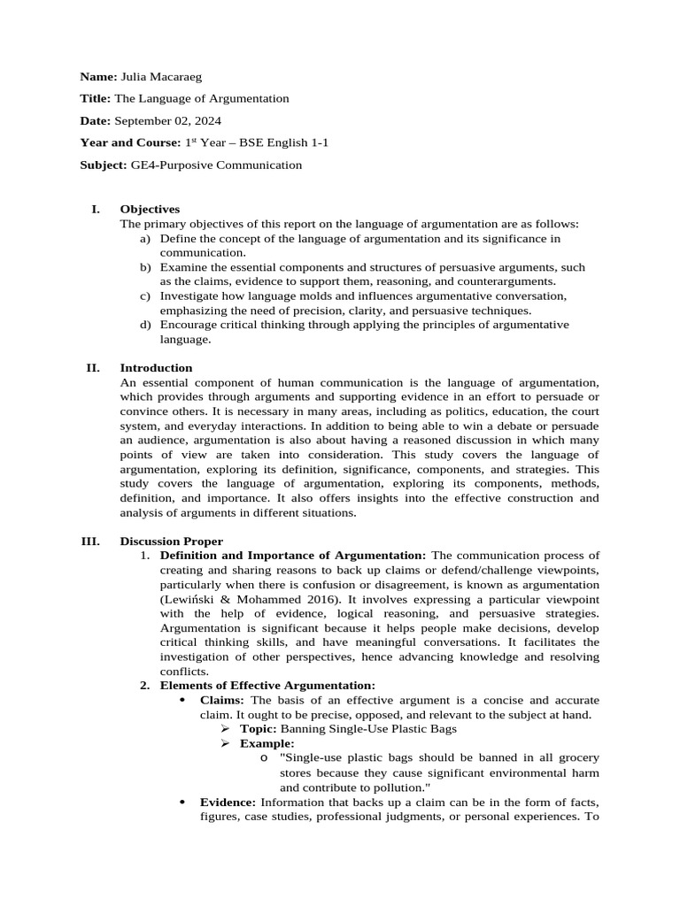 The Language of Argumentation - Macaraeg, Julia | PDF | Reason | Inductive Reasoning