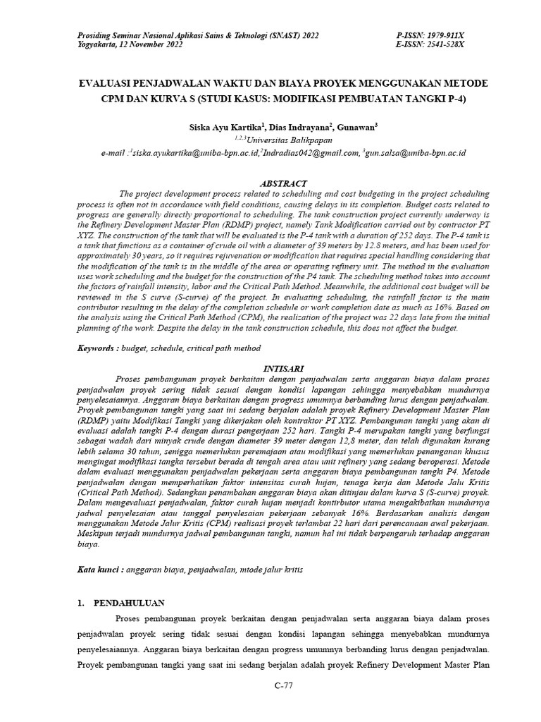 c77 86 1757 Evaluasi Penjadwalan Waktu Dan Biaya Proyek Menggunakan Metode CPM Dan Kurva S Studi ...