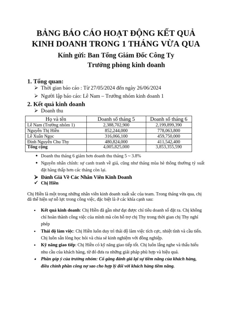 Báo Cáo Ho T Đ NG Kinh Doanh (Tháng 6.2024 - Nhóm KD1) | PDF