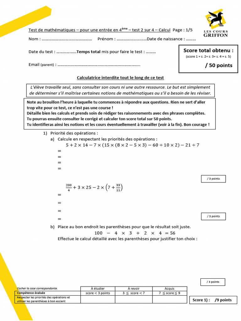 Cours Griffon - Test Maths - Entrée en 4e - Calcul | PDF
