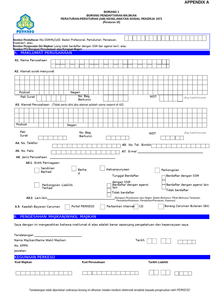 39.1 Appendix A Registration of Employer SOCSO 1 | PDF