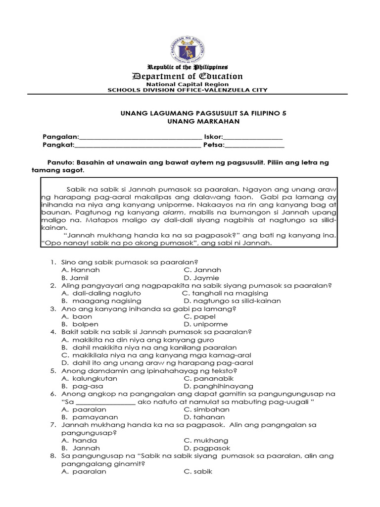 Periodical Test In Filipino Q1 | PDF