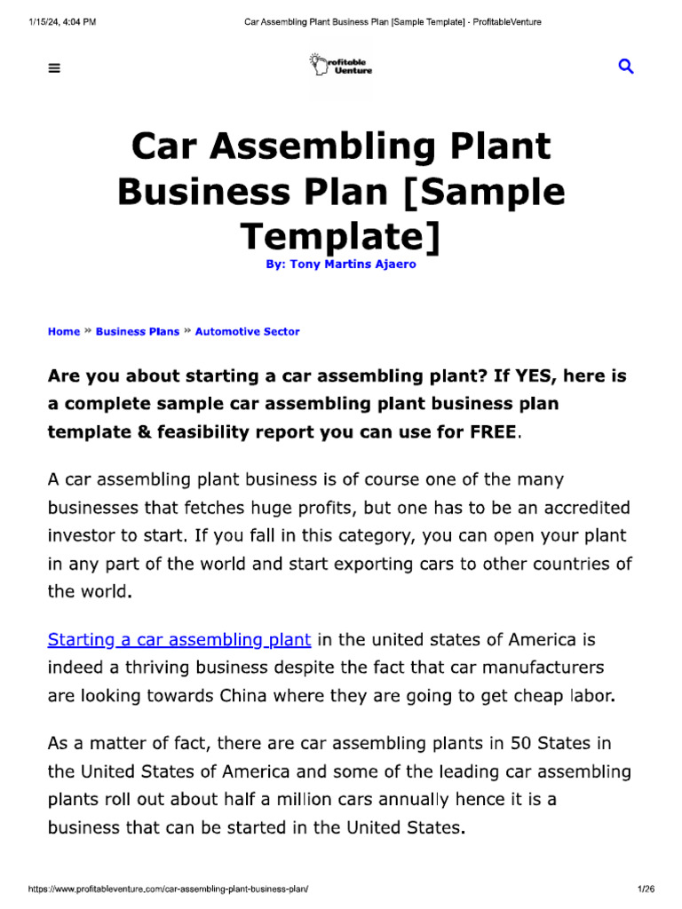 Car Assembling Plant Business Plan (Sample Template ...