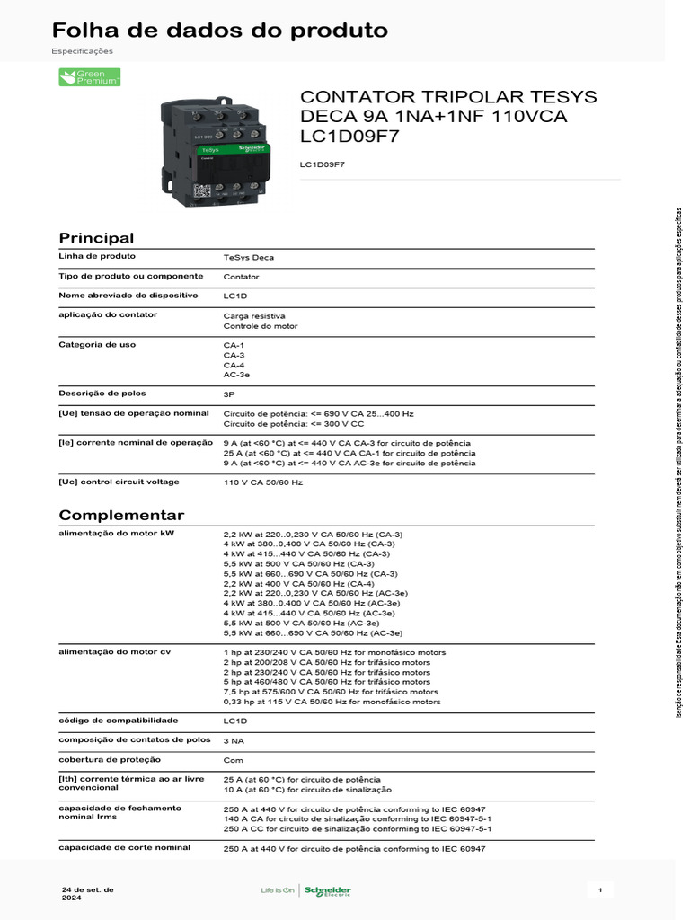Item 12_Datasheet Schneider Electric_Contatores-TeSys-Deca_LC1D09F7 | PDF