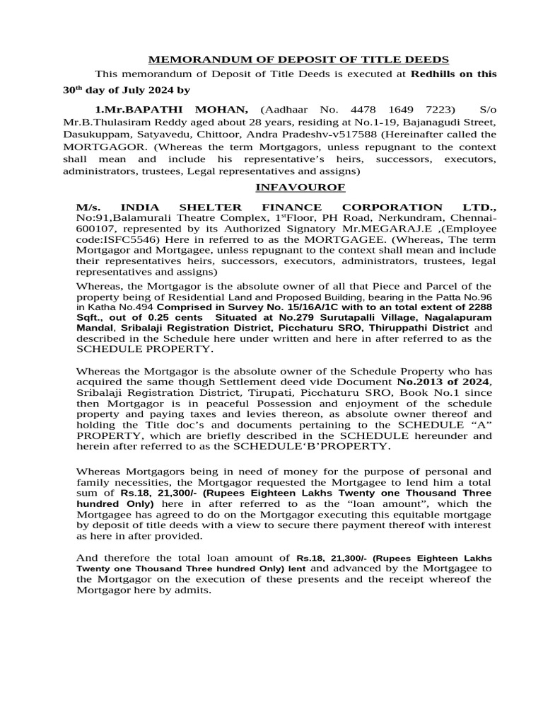 India - Shelter - Modtd - Bapati Mohan - PTR Ap - Sro | PDF | Mortgage Law | Money