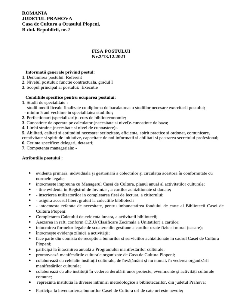 FISA DE POST REFERENT - Cami | PDF