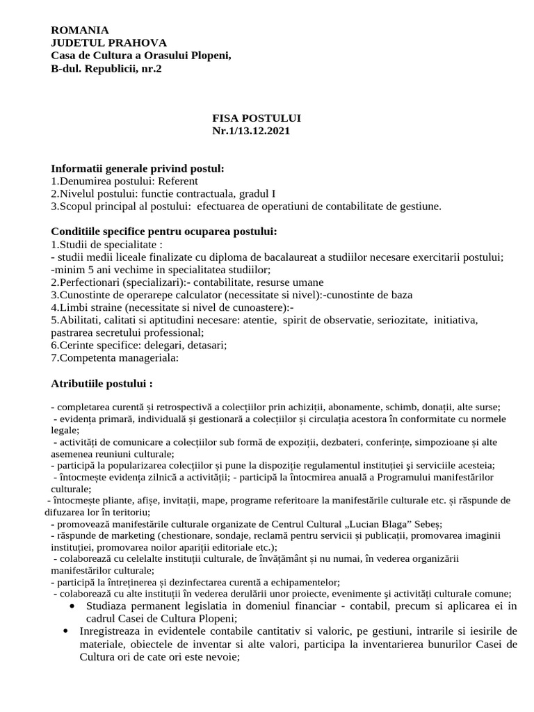 FISA DE POST REFERENT | PDF