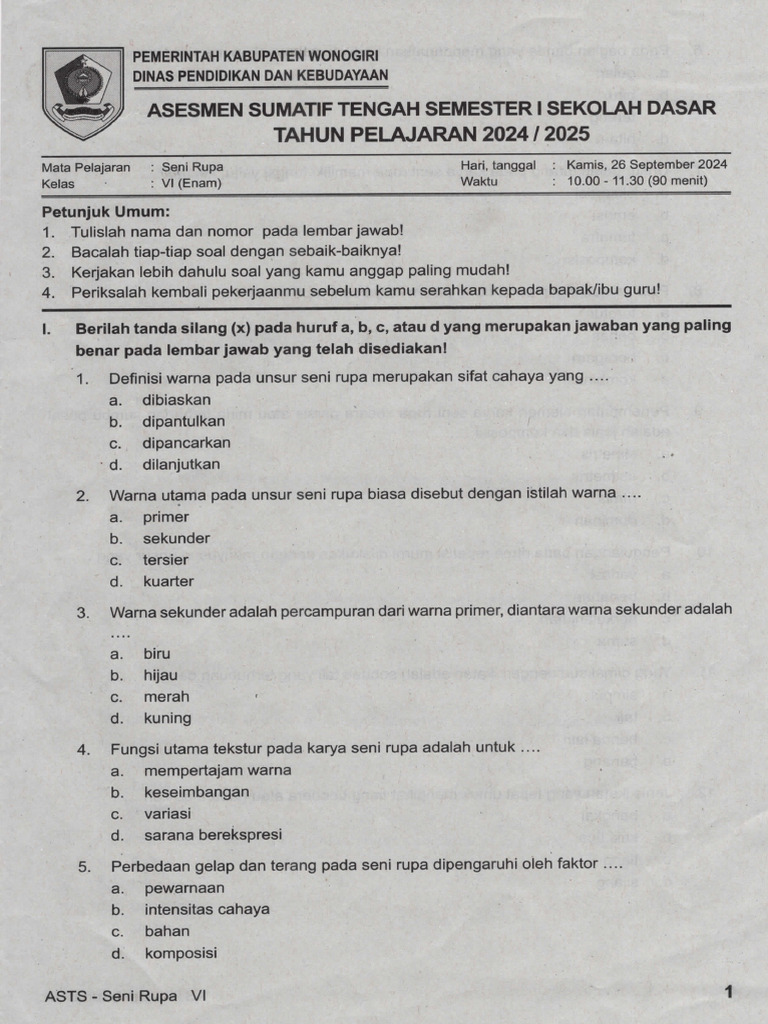 PSTS I - TP 2024-2025 - KLS.6 - Seni Rupa | PDF