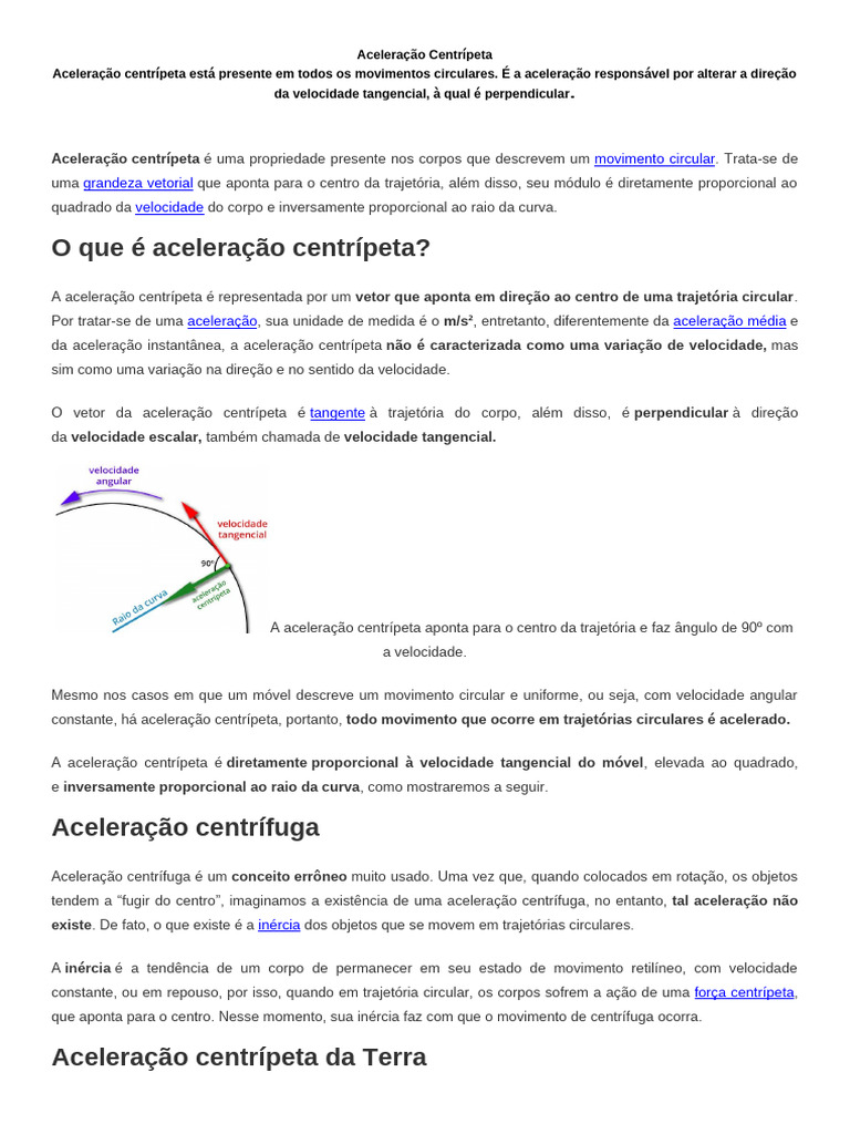 Aceleração Centrípeta | PDF | Aceleração | Ciências e Matemática