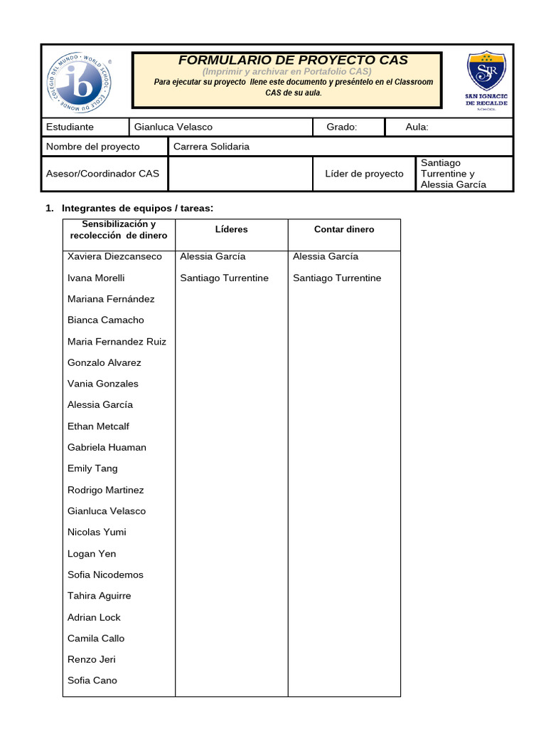 FORMULARIO CARRERA SOLIDARIA - PROYECTO CAS | PDF