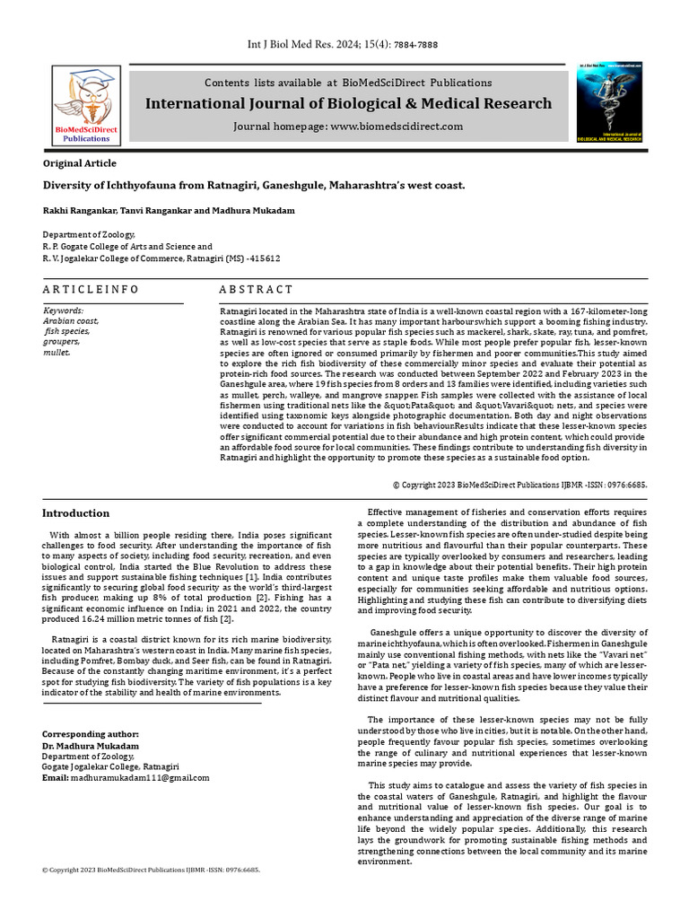 Diversity of Ichthyofauna From Ratnagiri, Ganeshgule, Maharashtra's ...