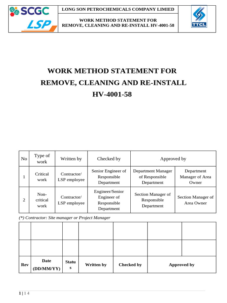 Method Statement For Remove, Cleaning and Re-Install Valve HV-4001-58 ... Method Statement For Remove, Cleaning and Re-Install Valve HV-4001-58 ...
