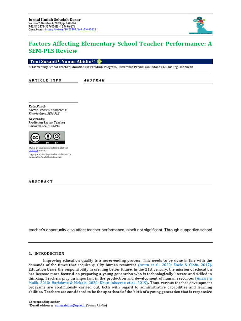 Factors Affecting Elementary School Teacher Performance: A SEM-PLS ...