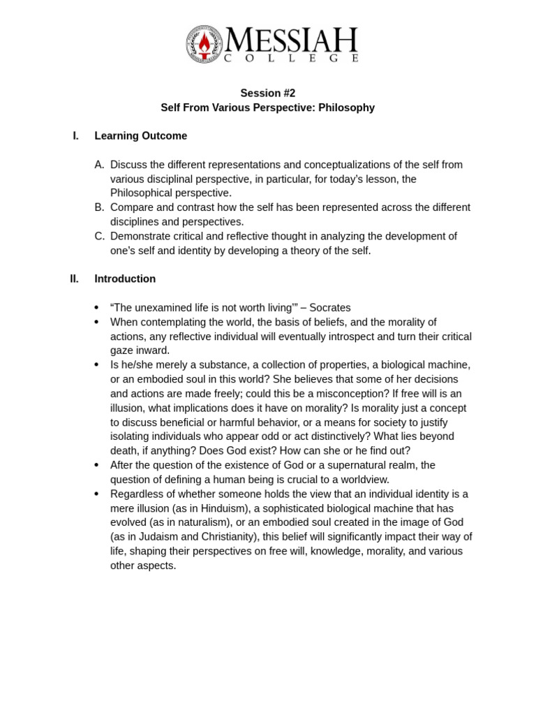 Session 2 Self in Various Perspective Philosophy | PDF