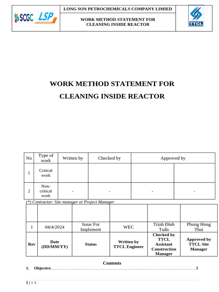 Reactor Cleaning Work Method Statement | PDF | Occupational Safety And ...