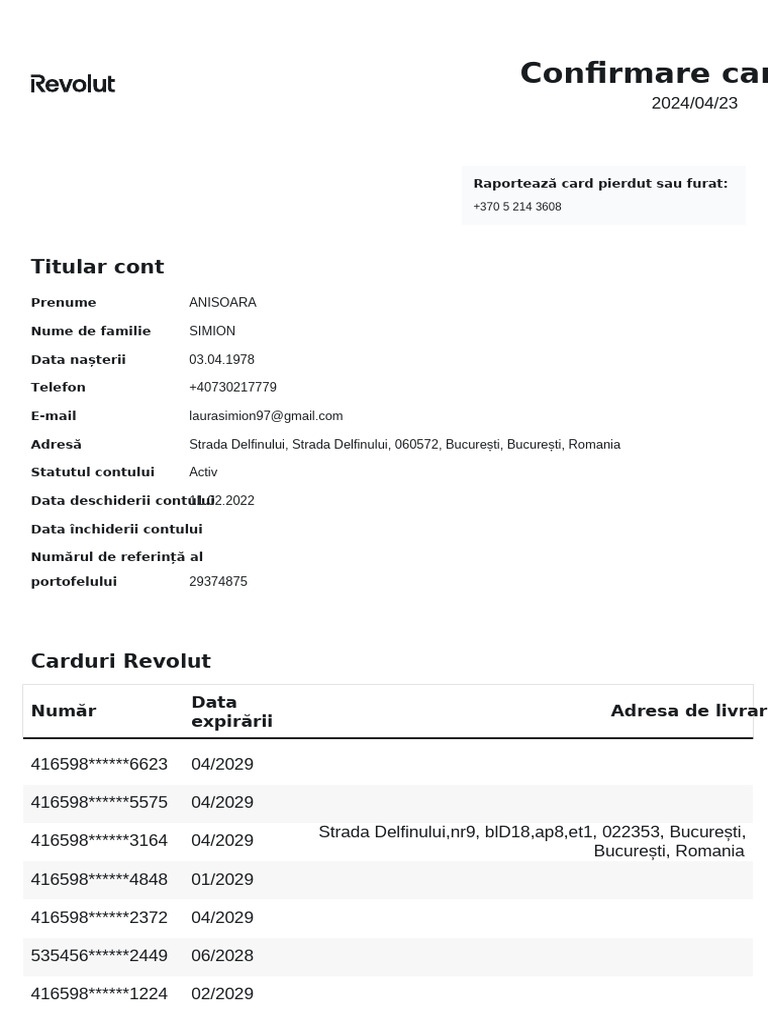 Confirmare Card: Titular Cont | PDF