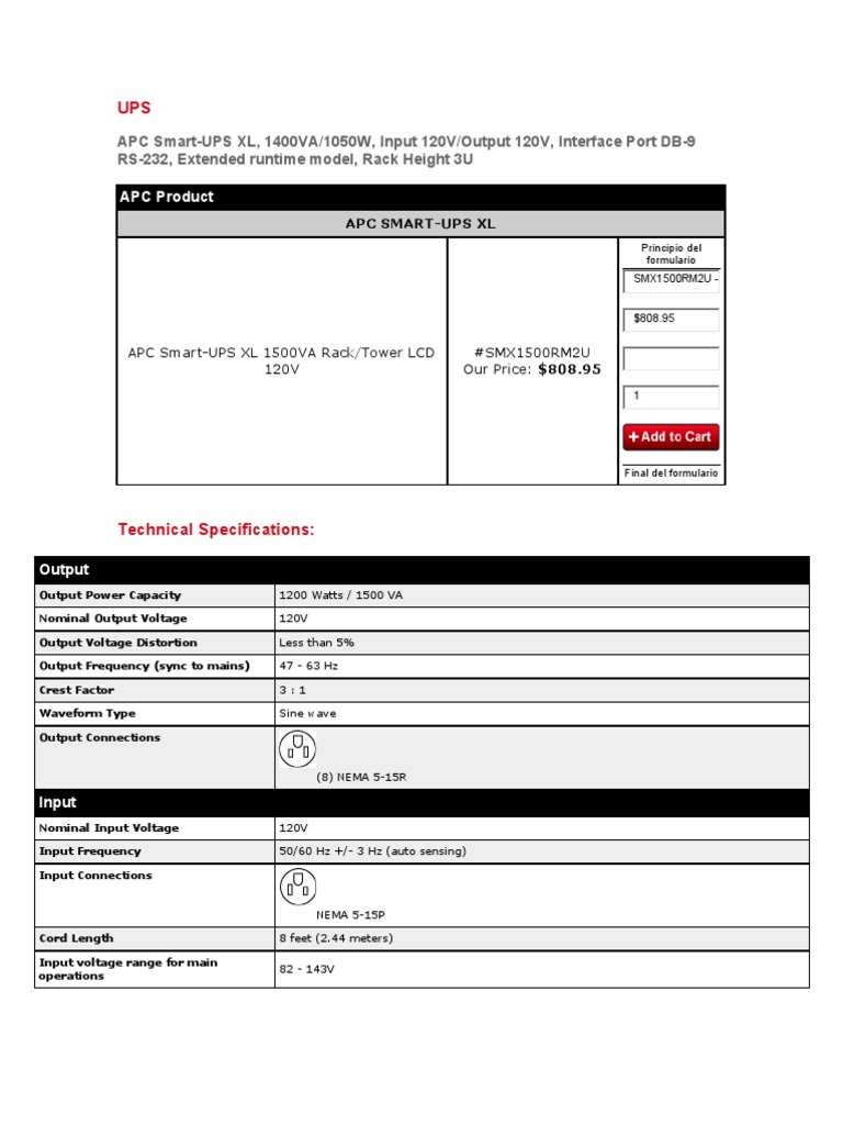 APC Smart-UPS XL, 1400VA/1050W, Input 120V/Output 120V, Interface Port ...