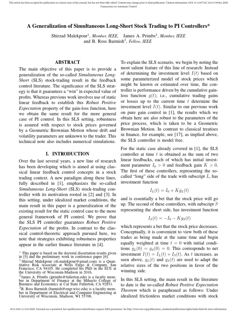 A Generalization of Simultaneous Long-Short Stock Trading To PI Controllers | PDF