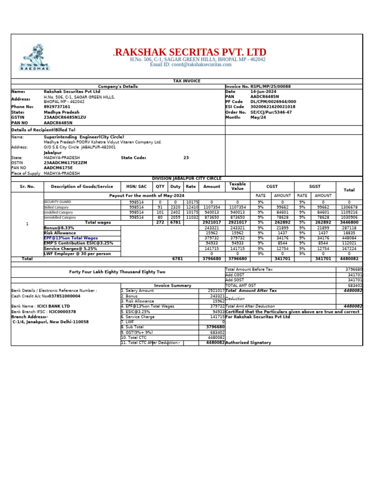 MPPSVVCL Jabalpur City Circle Invoice May-2024 | PDF