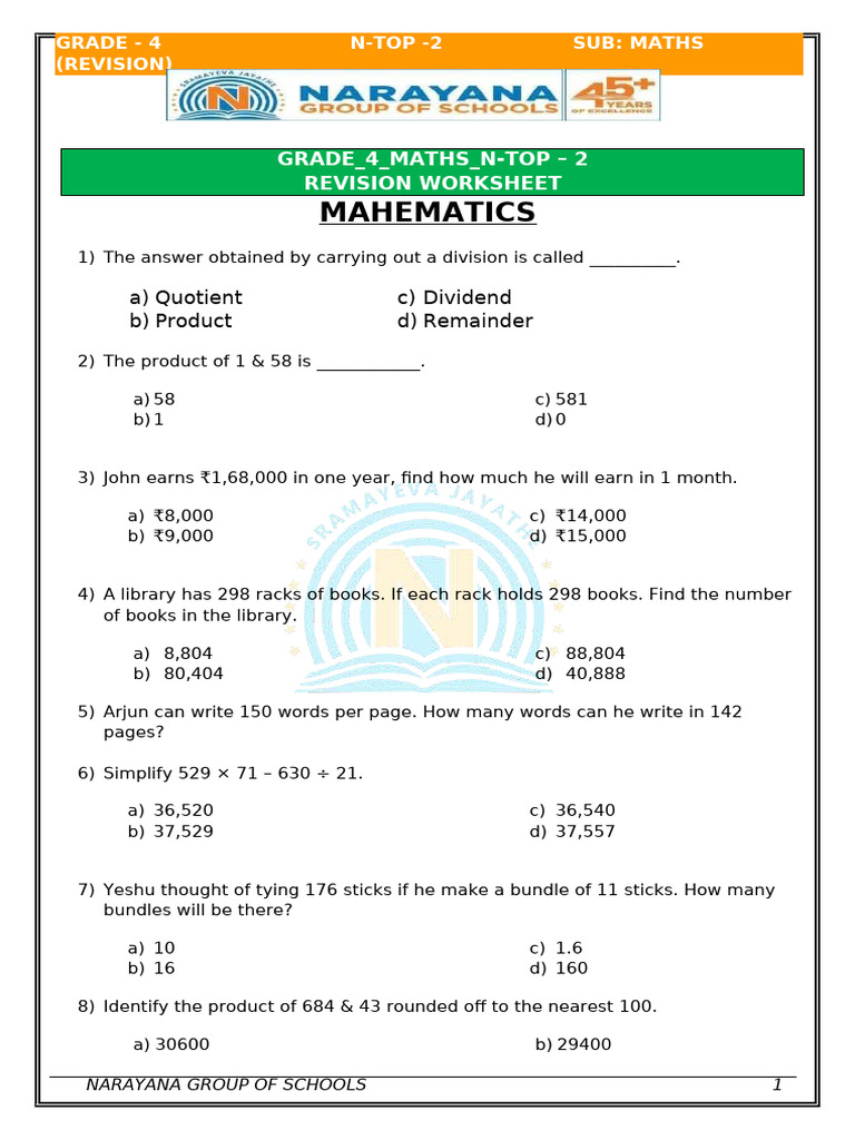 Grade 4 NTOP 2 REVISION PAPER - 2 | PDF