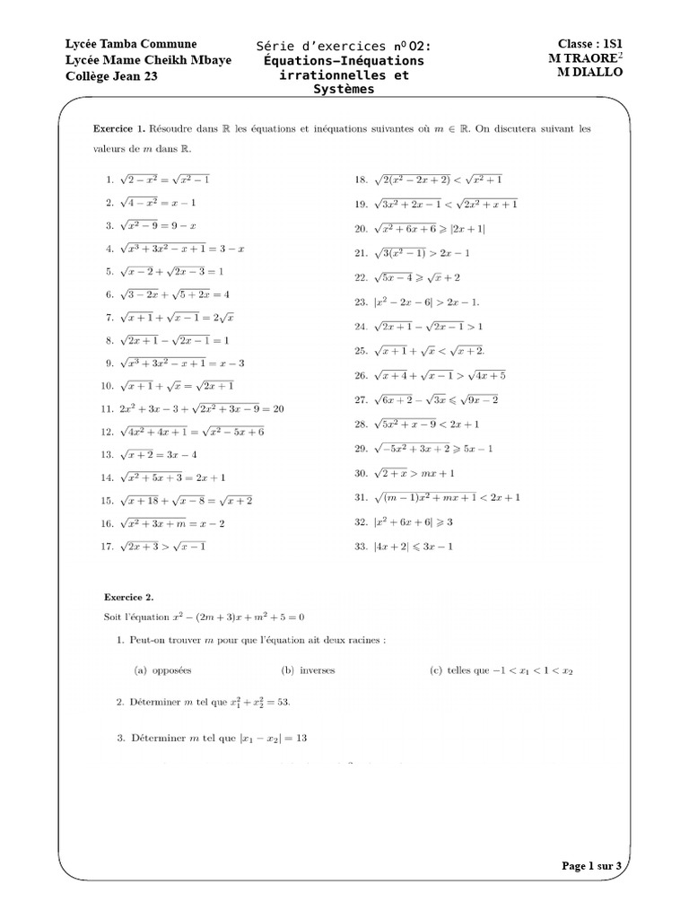 Lycée Mame Cheikh Mbaye Collège Jean 23: Lycée Tamba Commune Classe: 1S1 M Traore M Diallo | PDF