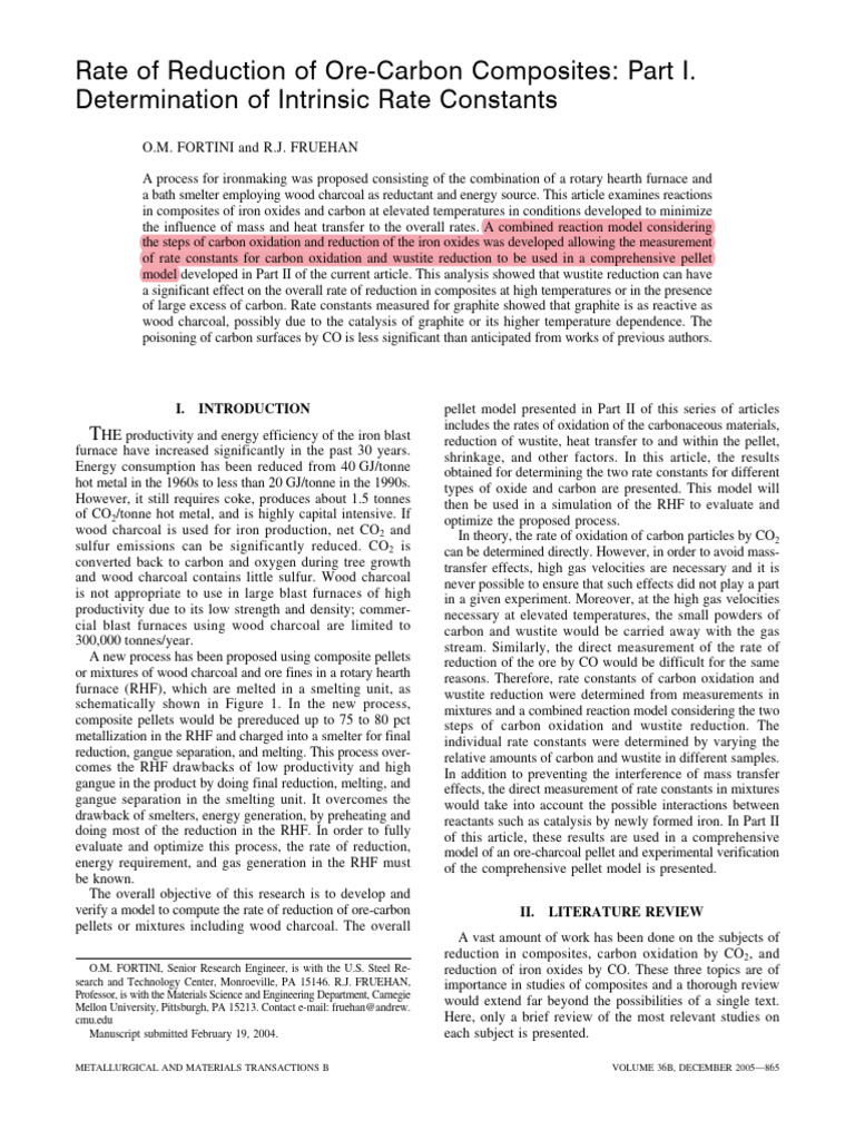 Rate of Reduction of Ore Carbon Composites Part I Determination of ...