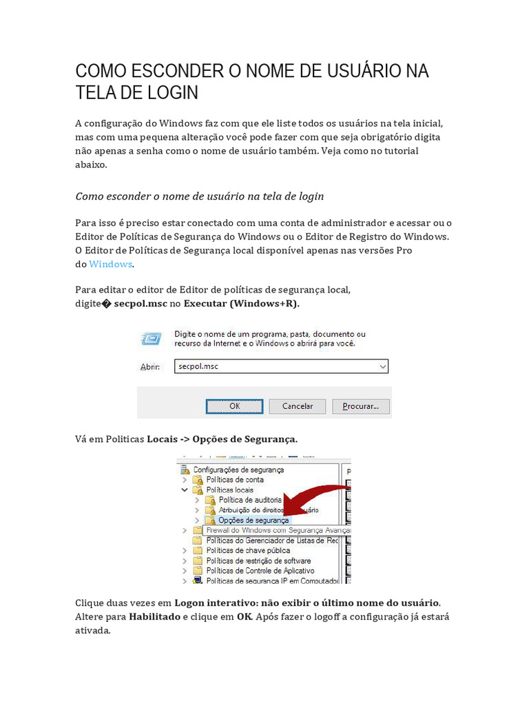 Como Esconder o Nome de Usuário Na Tela de Login | PDF